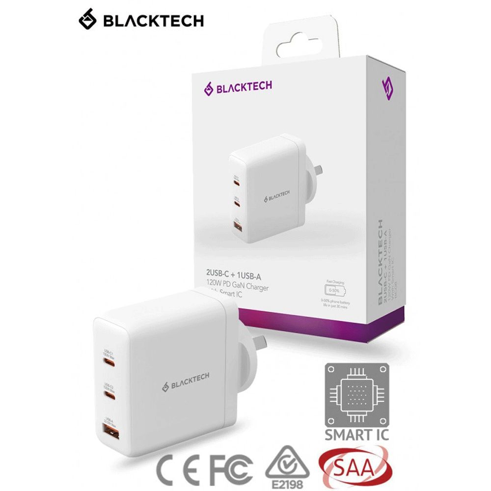 BLACKTECH 2C1A 120W PD QC Adapter With Smart IC - White